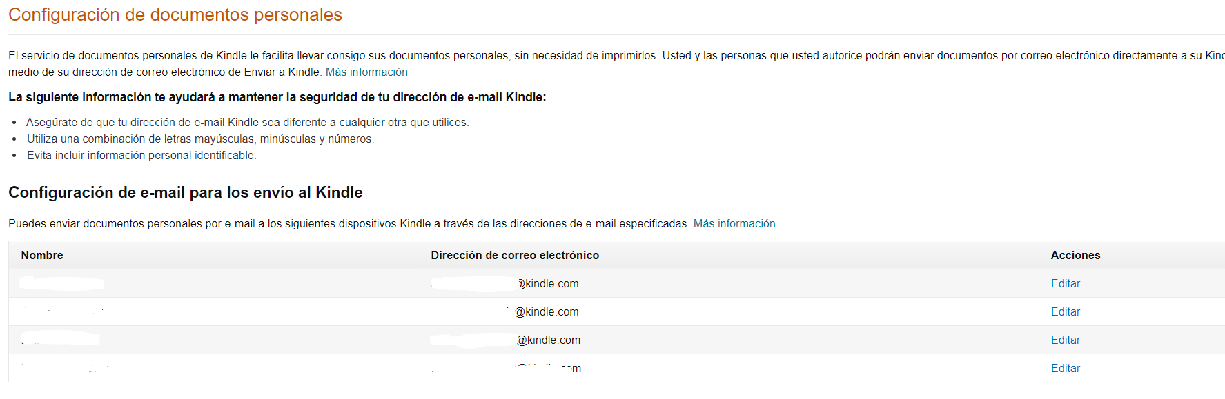 Mi Kindle no aparece listado en "Configuración de documentos personales"